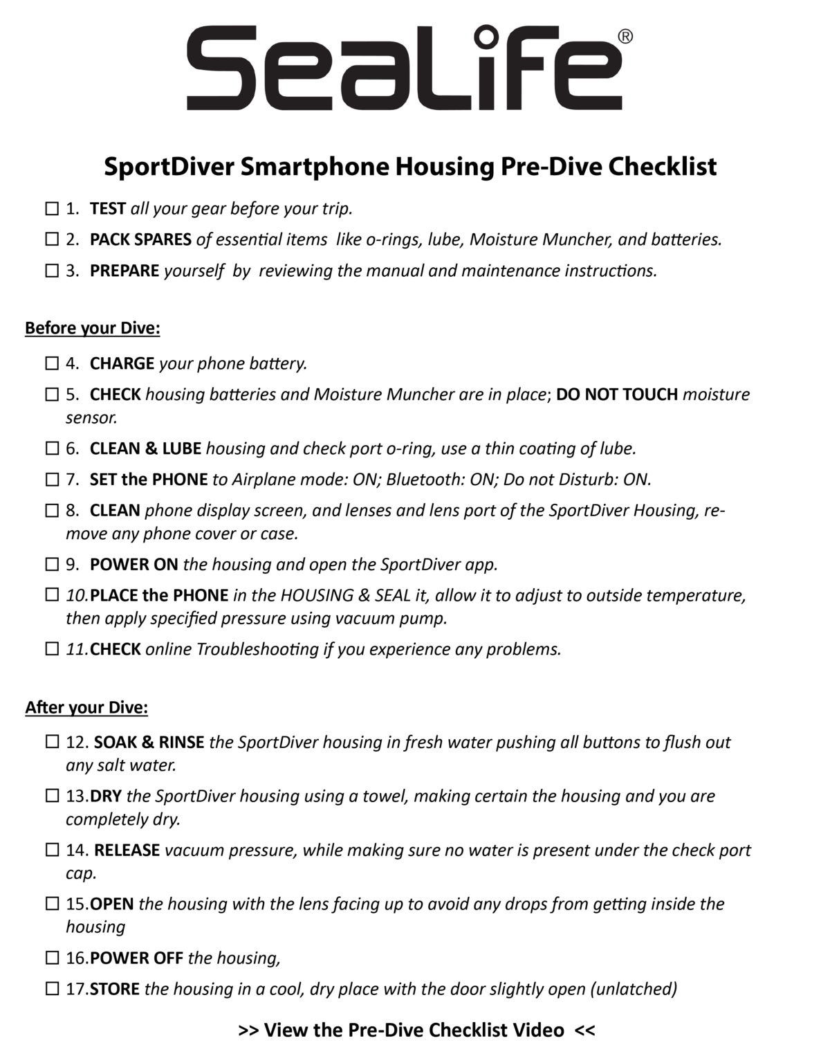 Checklist – SeaLife Cameras